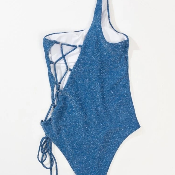 SHEIN | Swim | Shimmer Blue One Shoulder Lace Up Asymmetric Swimsuit ...